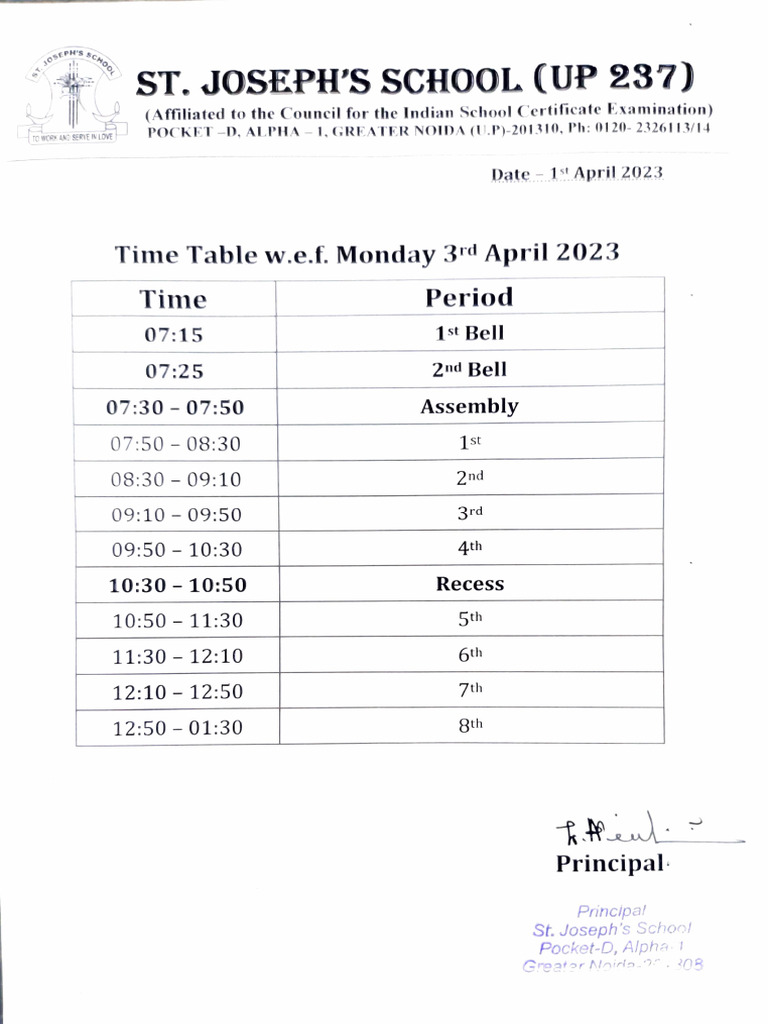 St. Joseph'S Scho0L. (Up 237) : Time Table W.E.F. Monday 3rd April 2023 ...
