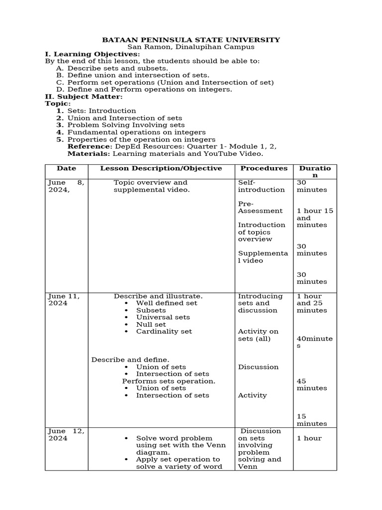 Lesson Plan Quarter 1 | PDF | Integer | Empty Set