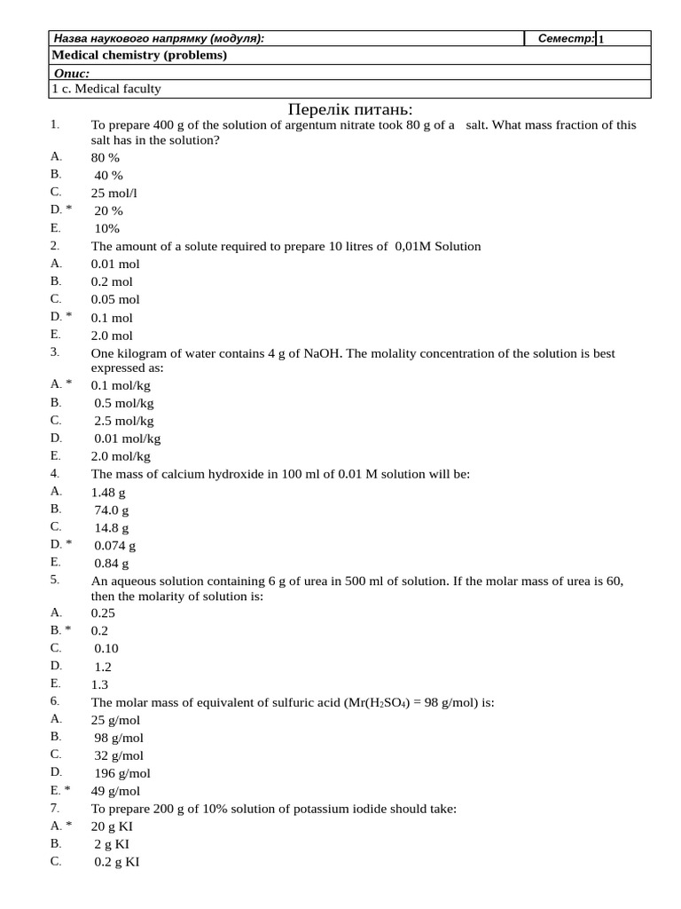 Medical Chemistry Problem Set | PDF | Ph | Acid