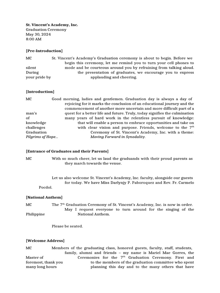 Graduation Ceremony 2024 Script | PDF
