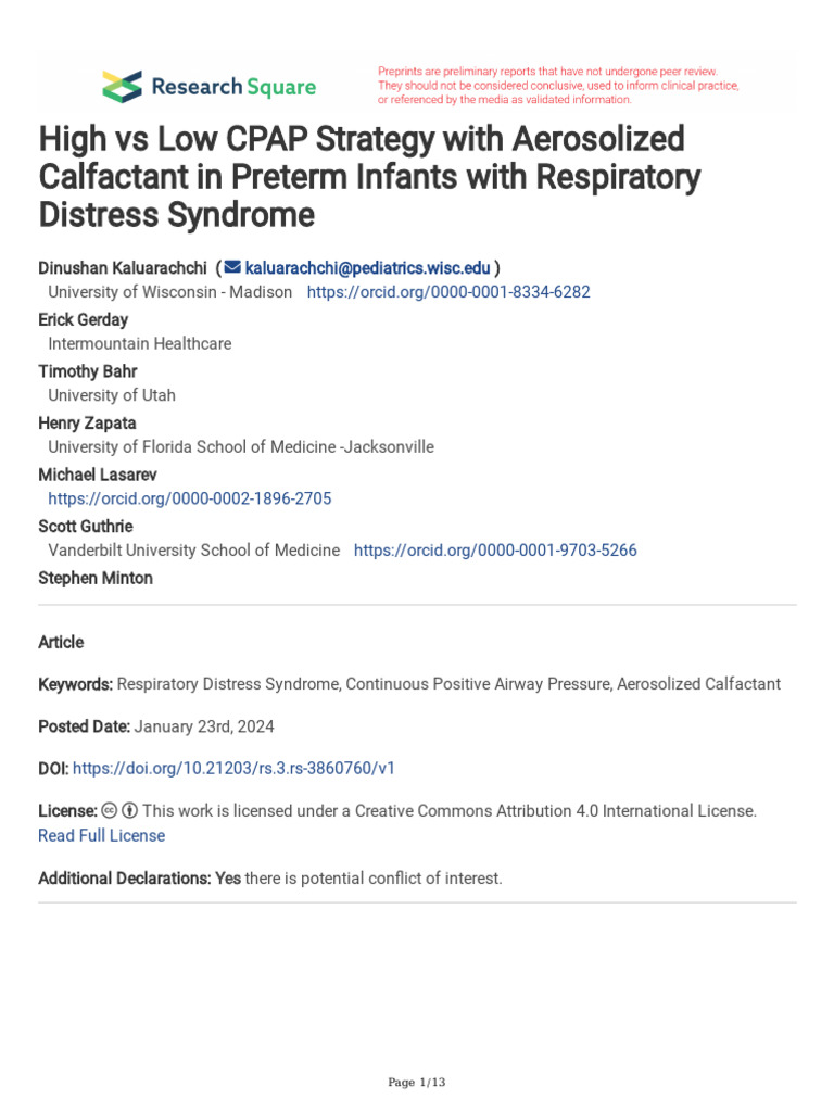 High Vs Low CPAP Strategy With Aerosolized Calfactant in Preterm ...