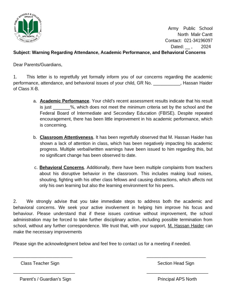 Warning Letter Students SS | PDF | Schools | Learning