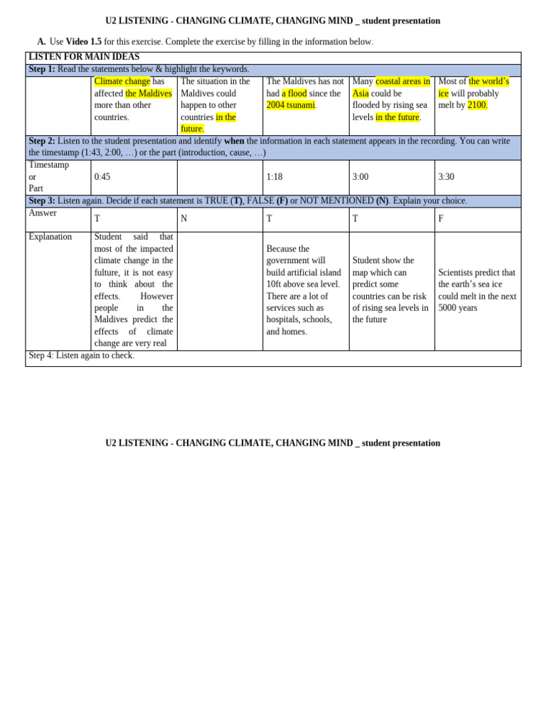 U2 - LISTENING - LAND UNDERWATER - Student Presentation | PDF