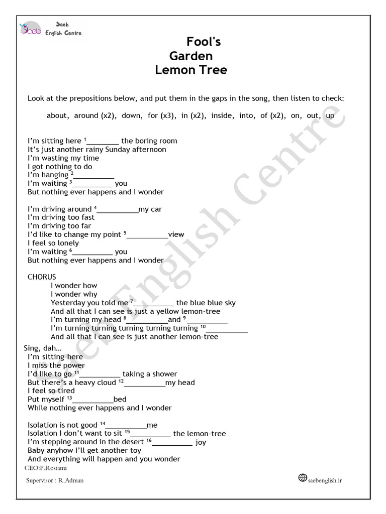 "Lemon Tree Song Prepositions Exercise" | PDF