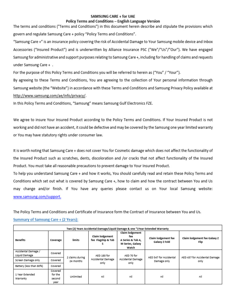 Samsung Care TNC 01032024 en | PDF | Insurance | Information Privacy