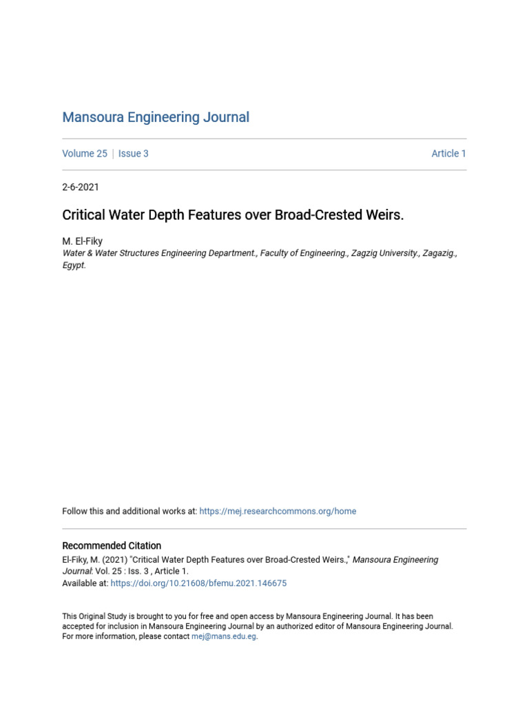 Critical Water Depth Features Over Broad-Crested Weirs. | PDF | Science & Mathematics