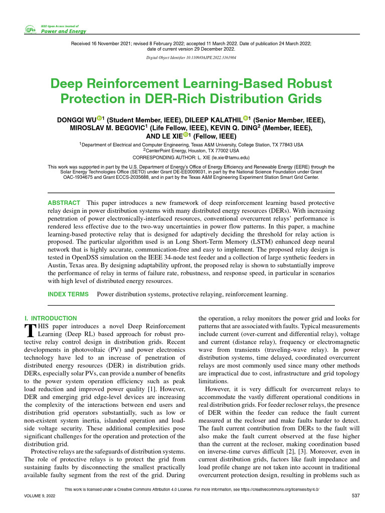 Deep Reinforcement Learning-Based Robust Protection in DER-Rich Distribution Grids | PDF ...