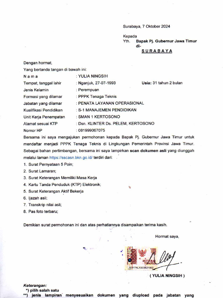 Surat Lamaran Yulia Ningsih-1 | PDF