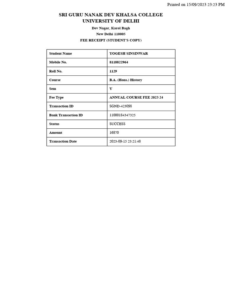 SGND Fee Recipt | PDF