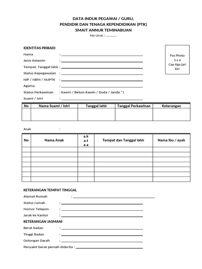 Format Buku Induk Pegawai Guru PTK | PDF