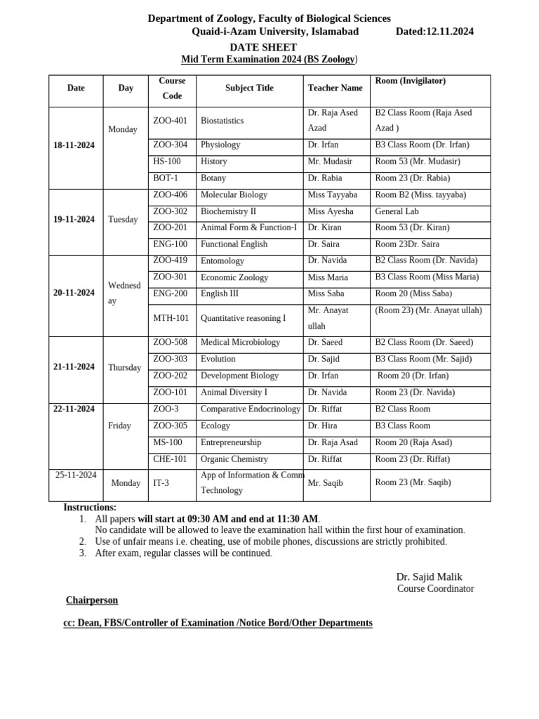 Mid Term Date Sheet 12.11.2024 | PDF | Zoology