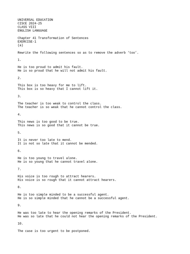 Sentence Transformation Exercises for Class 8 | PDF
