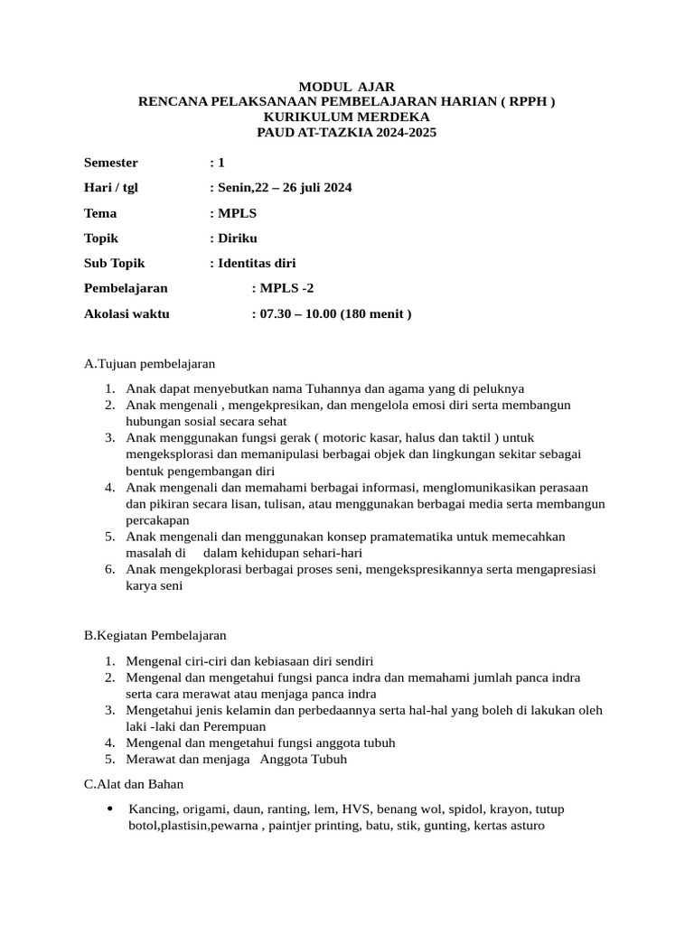 Contoh Modul Ajar TK Minggu Ke 2 | PDF | Karier & Perkembangan ...