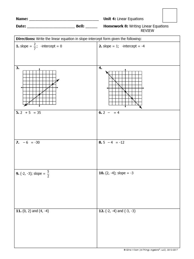Writing Linear Equations Review HW | PDF | Geometry | Elementary ...