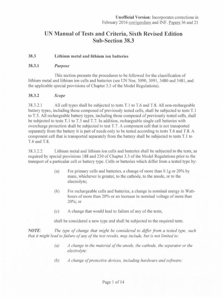 UN Manual: Lithium Battery Tests 38.3 | PDF | Rechargeable Battery ...