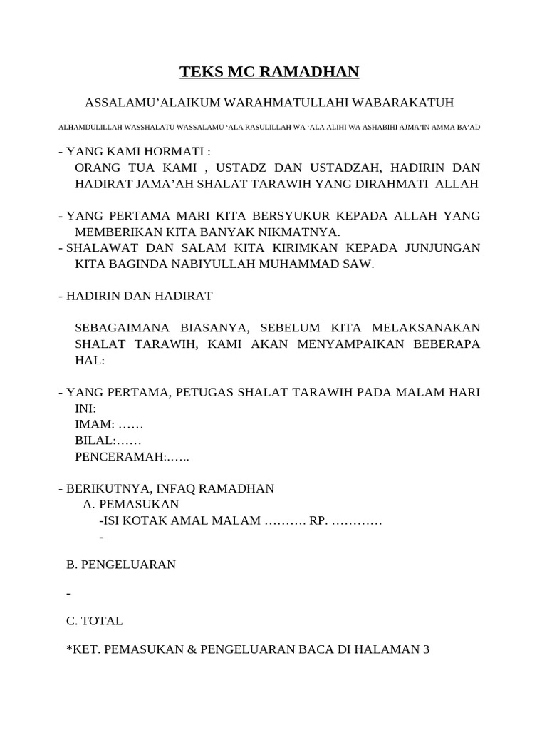 Teks MC Tarawih Ramadhan Singkat | PDF