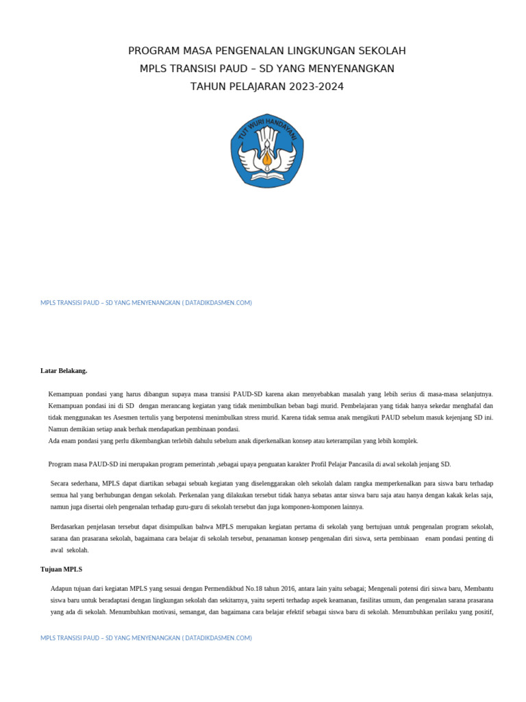 Program MPLS Transisi Paud-Sd Sumberejo 04 | PDF | Karier & Perkembangan | Ilmu Sosial