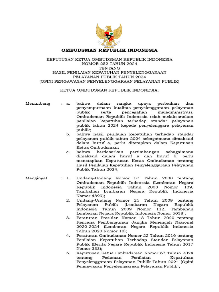 SK No 252 Tahun 2024 Tentang Hasil Penilaian Kepatuhan 2024 | PDF