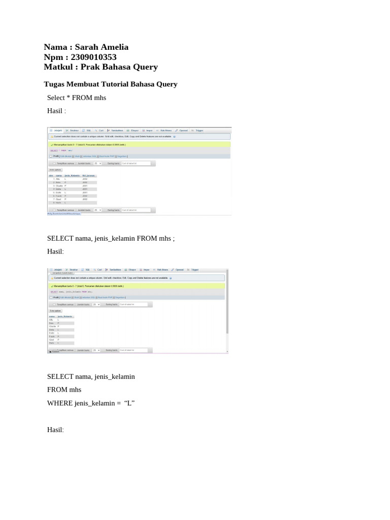 Tutorial B.Query Sarah Amelia (2309010353) | PDF