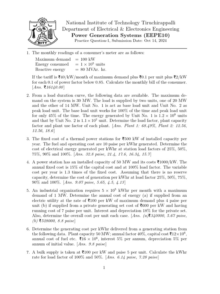 Load Factor and Tariff Practice Problems | PDF | Power Station | Watt