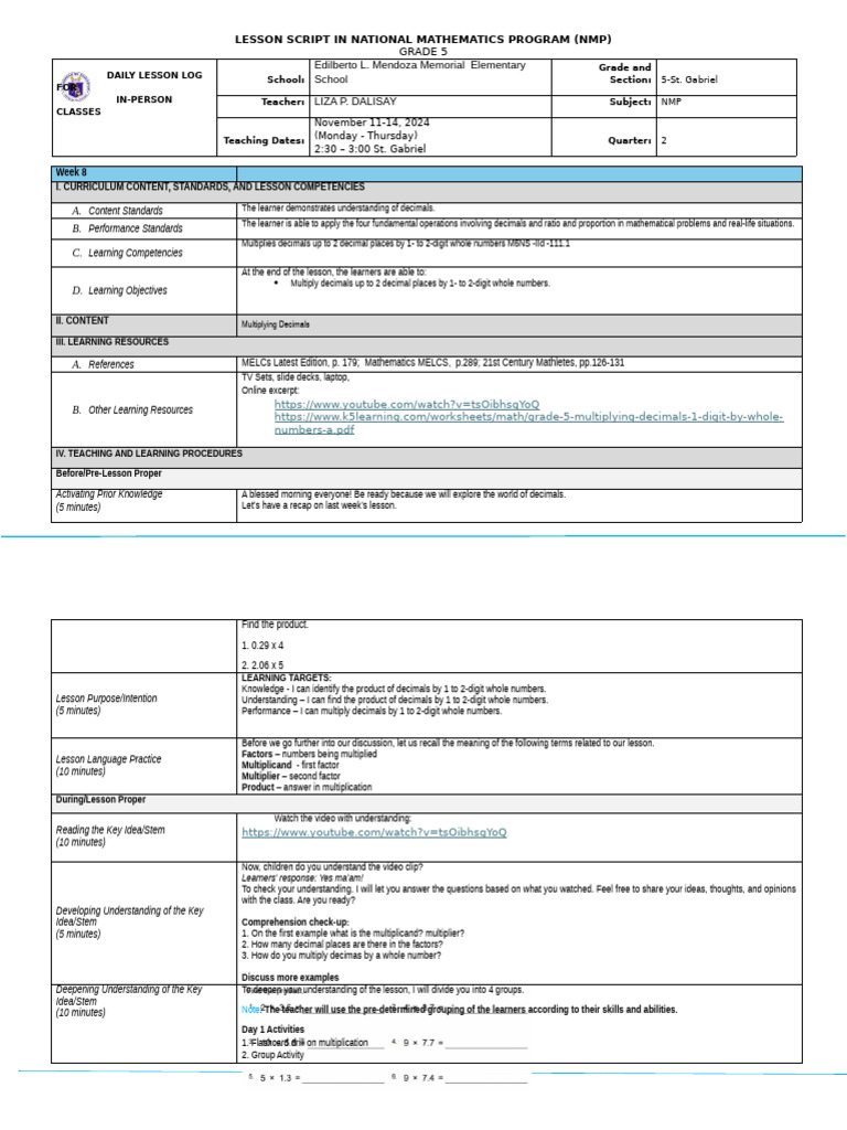 LS-Q2-WK8-NMP (1) | PDF | Multiplication | Reading Comprehension