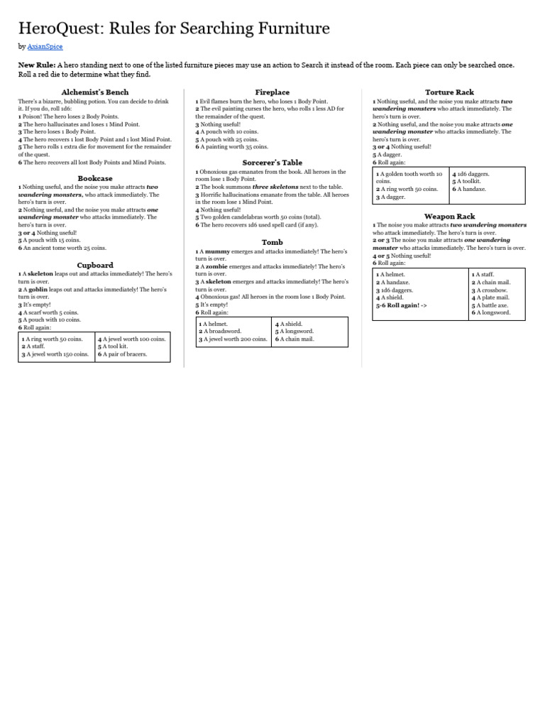 HeroQuest - Rules For Searching Furniture by AxianSpice | PDF