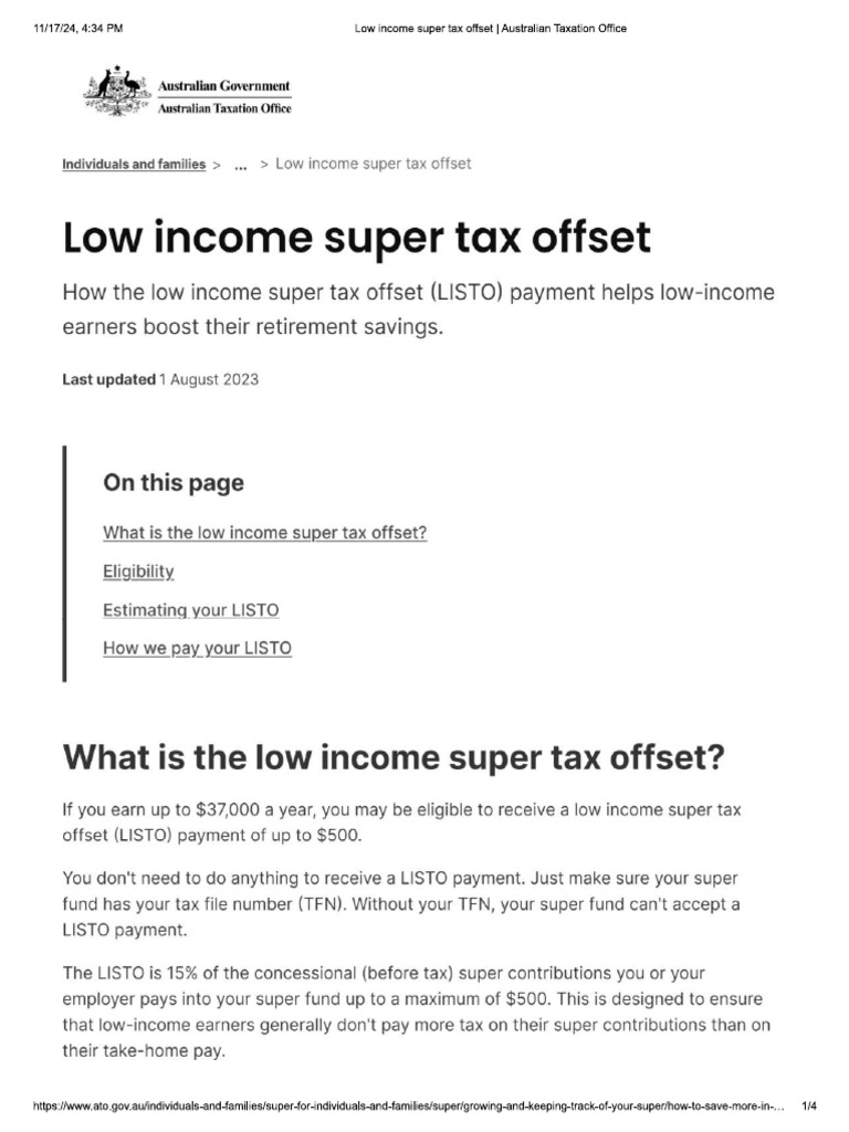 Low Income Super Tax Offset - Australian Taxation Office | PDF