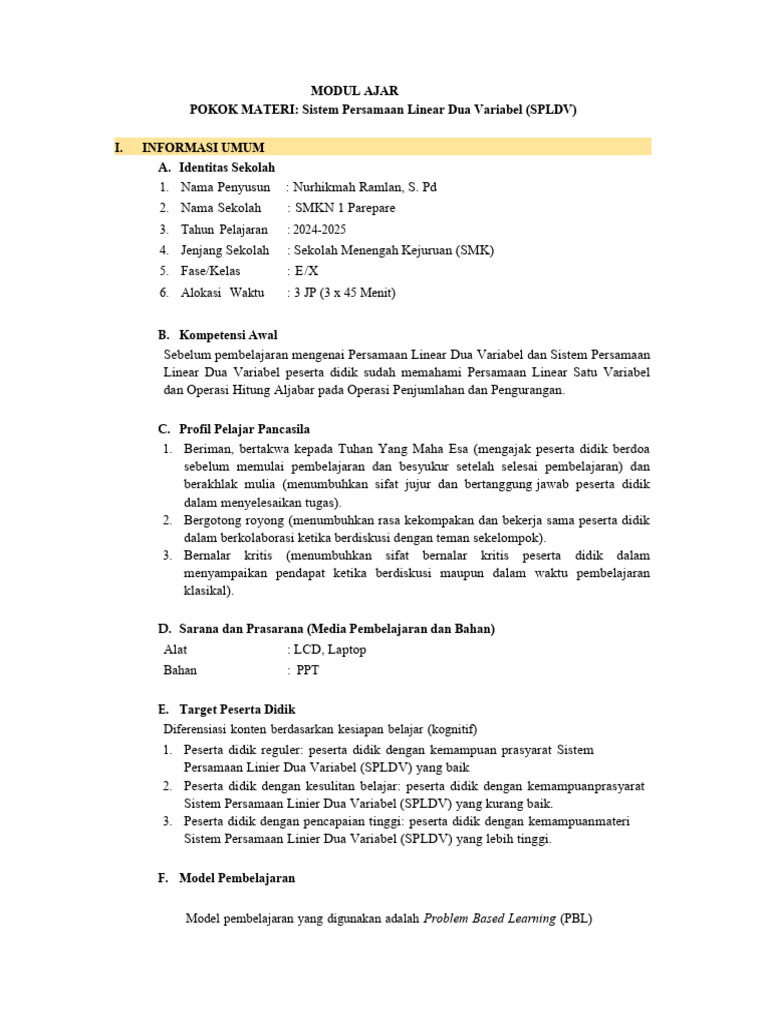 Modul Ajar SPLDV Kelas X | PDF | Karier & Perkembangan
