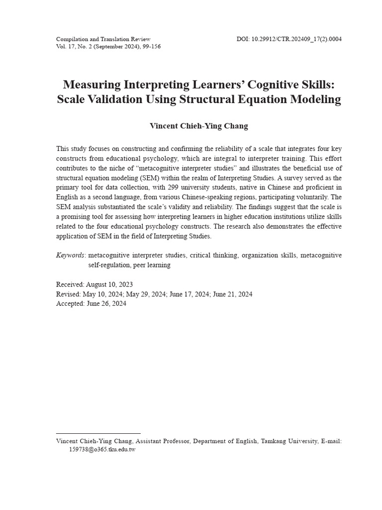M2-Measuring Interpreting Learners' Cognitive Skills - Scale Validation Using Structural ...