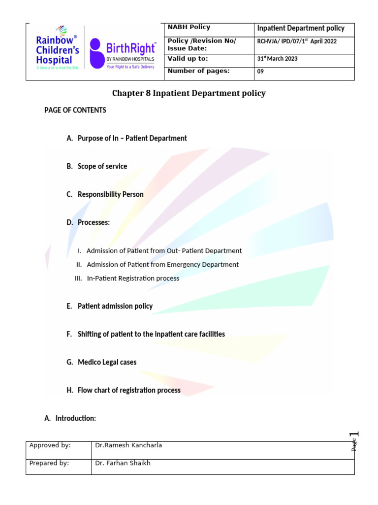 NABH Inpatient Department Policy Guide | PDF | Patient | Emergency ...