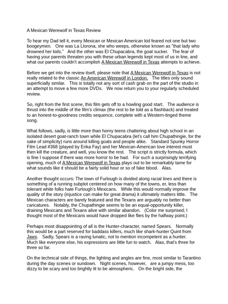 A Mexican Werewolf in Texas Review | PDF