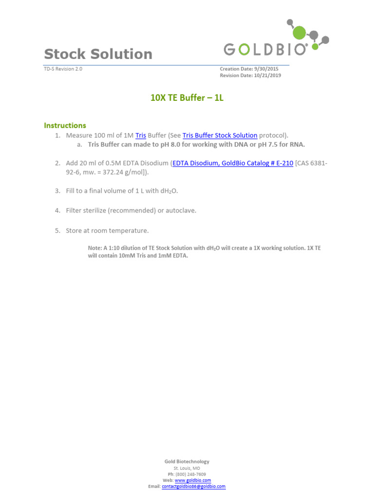 TE Buffer Stock Solution-10X | PDF