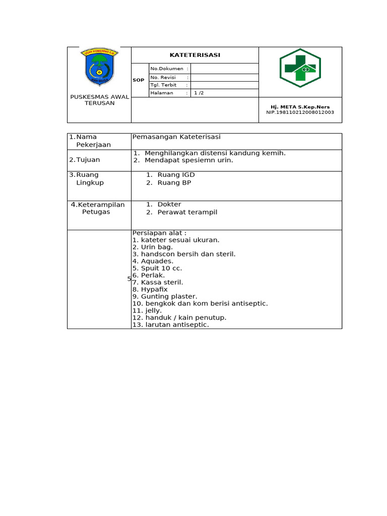 Sop Kateterisasi PKM at | PDF