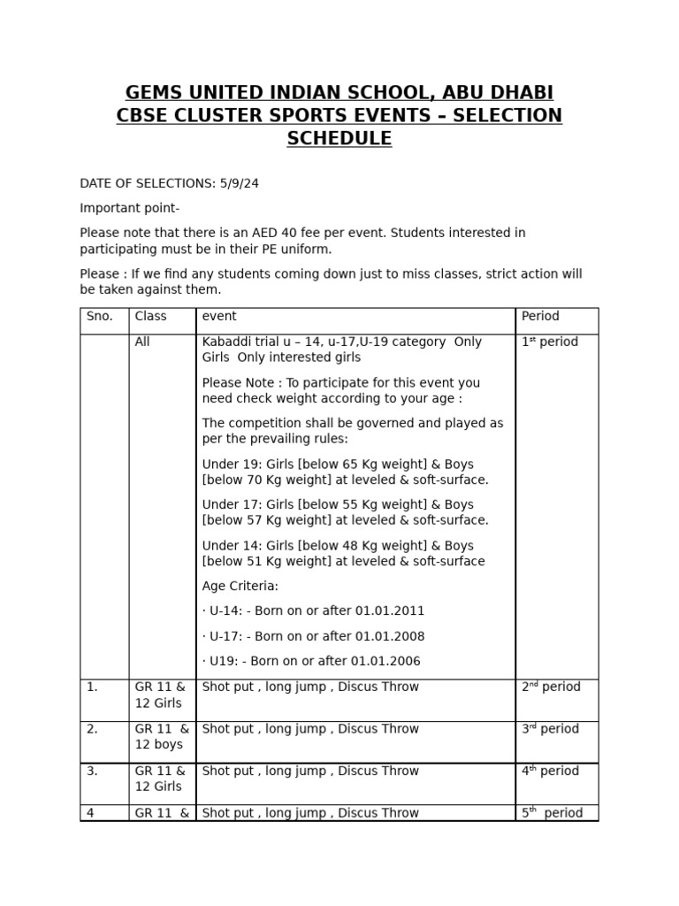 Cbse Cluster Events Selection Schedule | PDF | Sports | Athletic Sports
