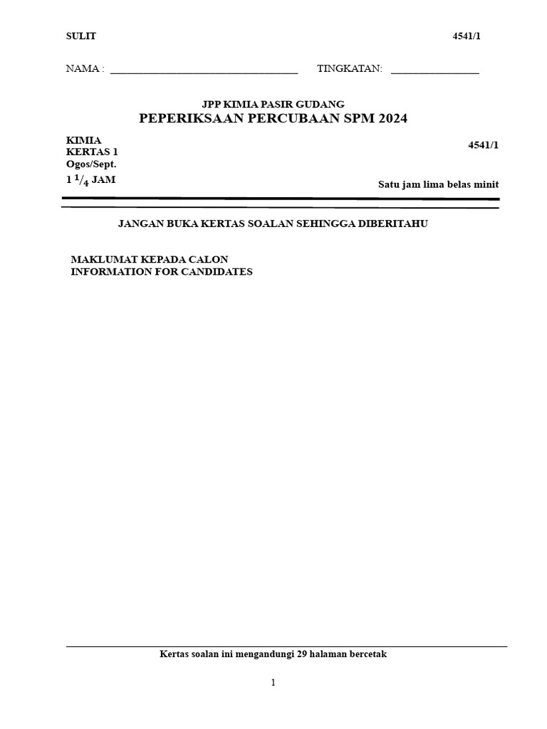 Trial K1 Kimia SPM 2024 - Johor - PG SET 1 | PDF