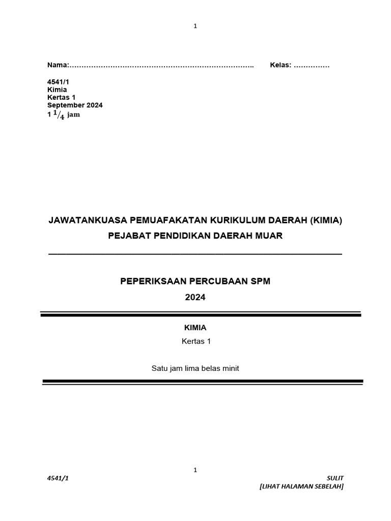 Trial K1 Kimia SPM 2024 - Johor - Muar | PDF | Sains & Matematika