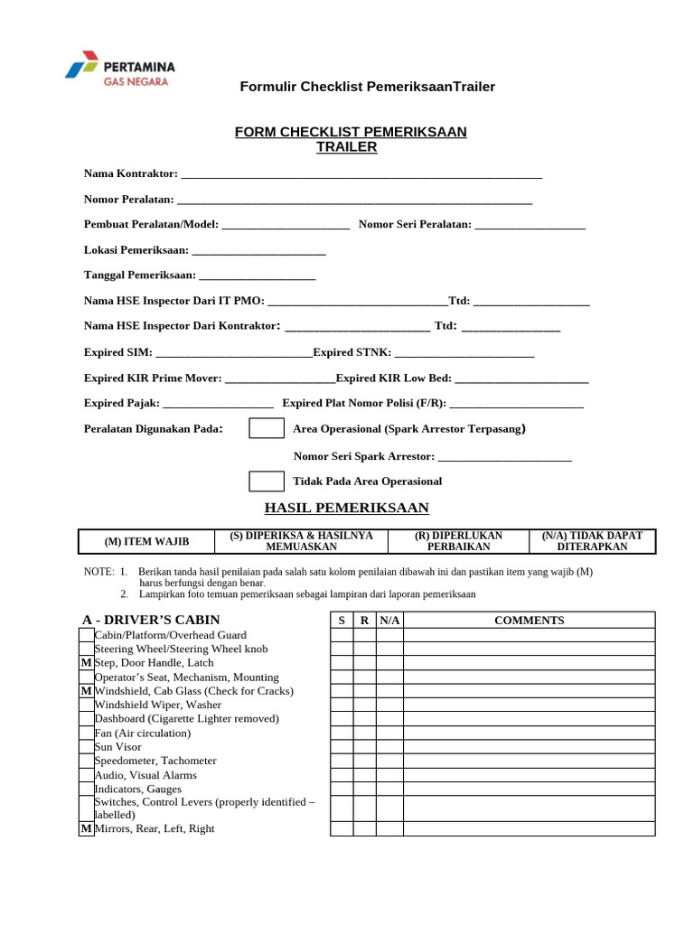 Formulir Checklist Pemeriksaan Low Bed Trailer | PDF | Axle | Transportation Engineering