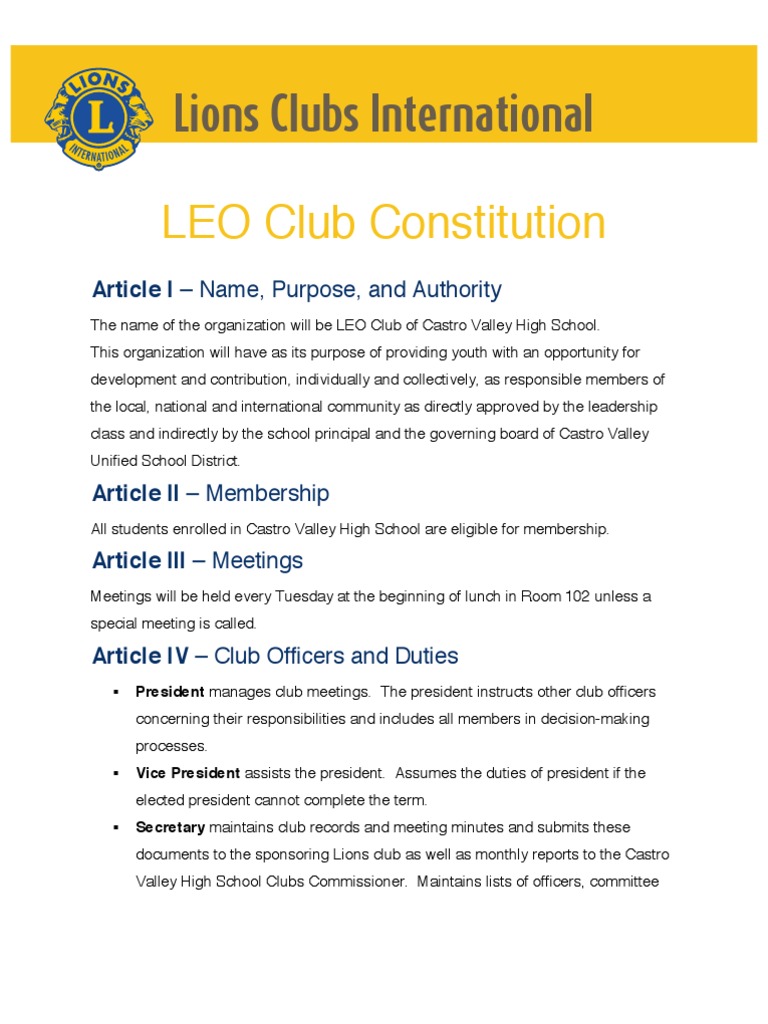 LEO Club Constitution Overview | PDF | Social Science