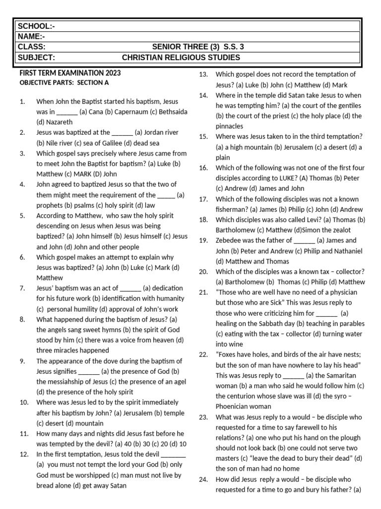 CRS SS3 Exam 1ST Term | PDF | Jesus | Gospel Of Matthew