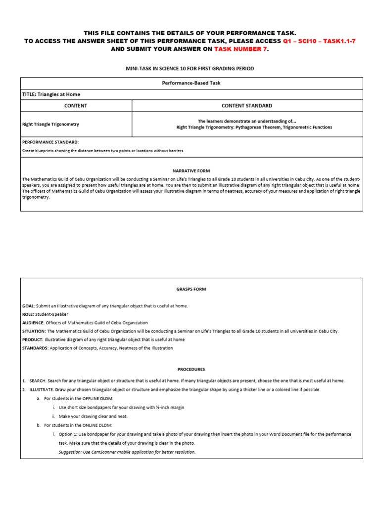 Q1 - Sci10 - Performance Task For The 1ST Grading Period | PDF | Trigonometry | Triangle