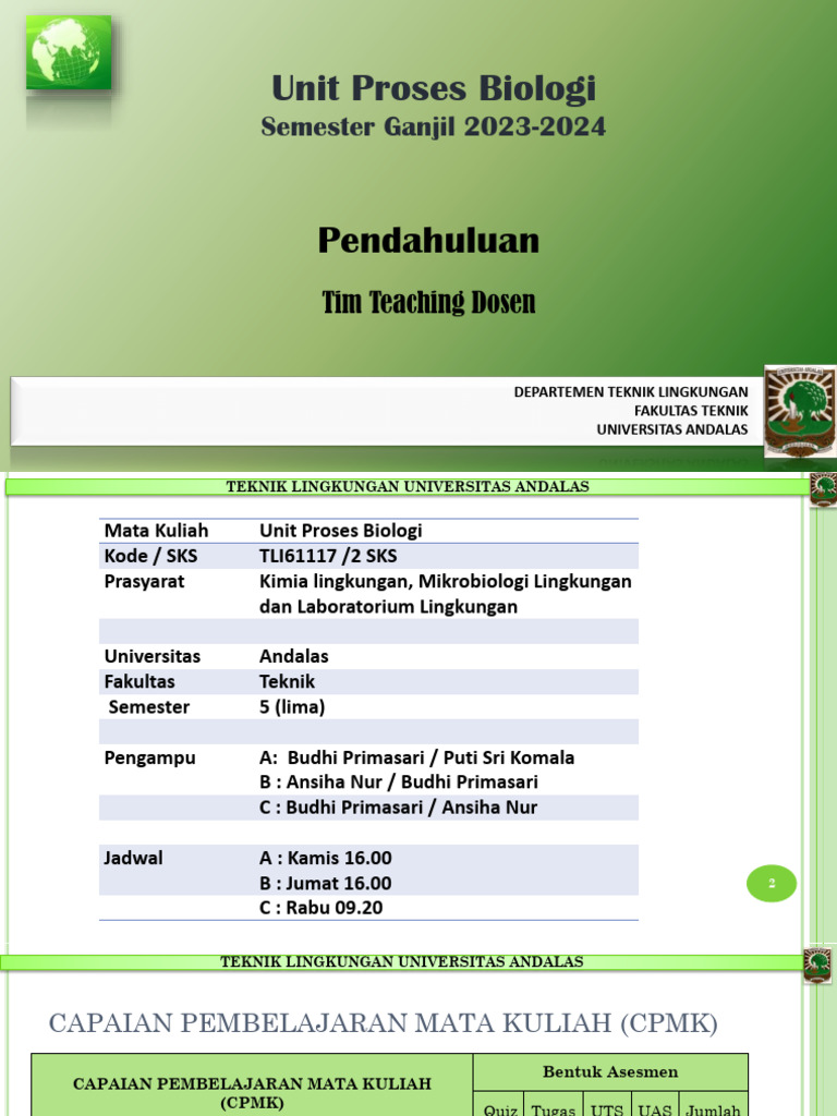 Unit Proses Biologi TA 23-24 #00 Pendahuluan | PDF