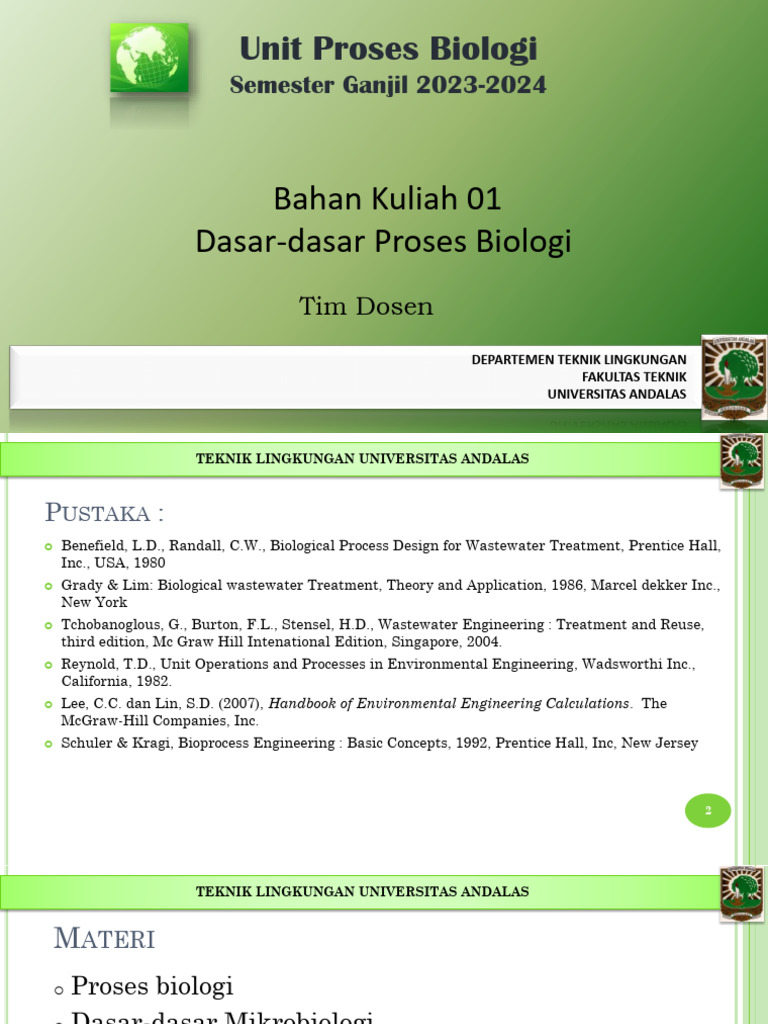 Unit Proses Biologi TA 23-24 #01 Dasar Proses Biologi | PDF
