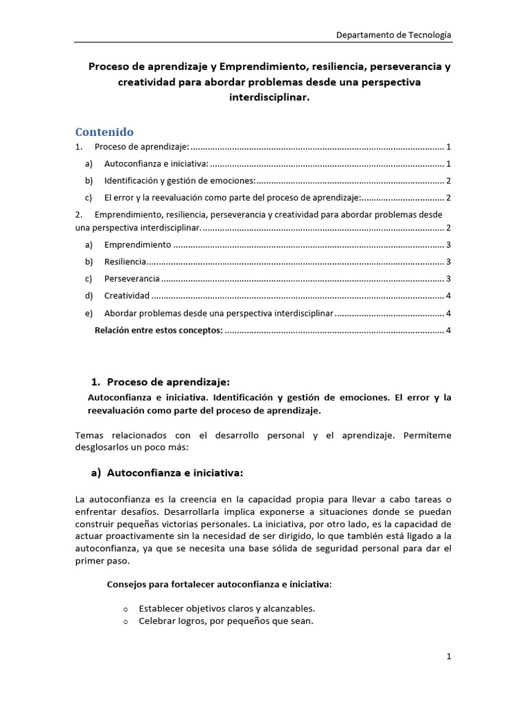 Proceso de aprendizaje y Emprendimiento, resiliencia, perseverancia y creatividad para abordar ...