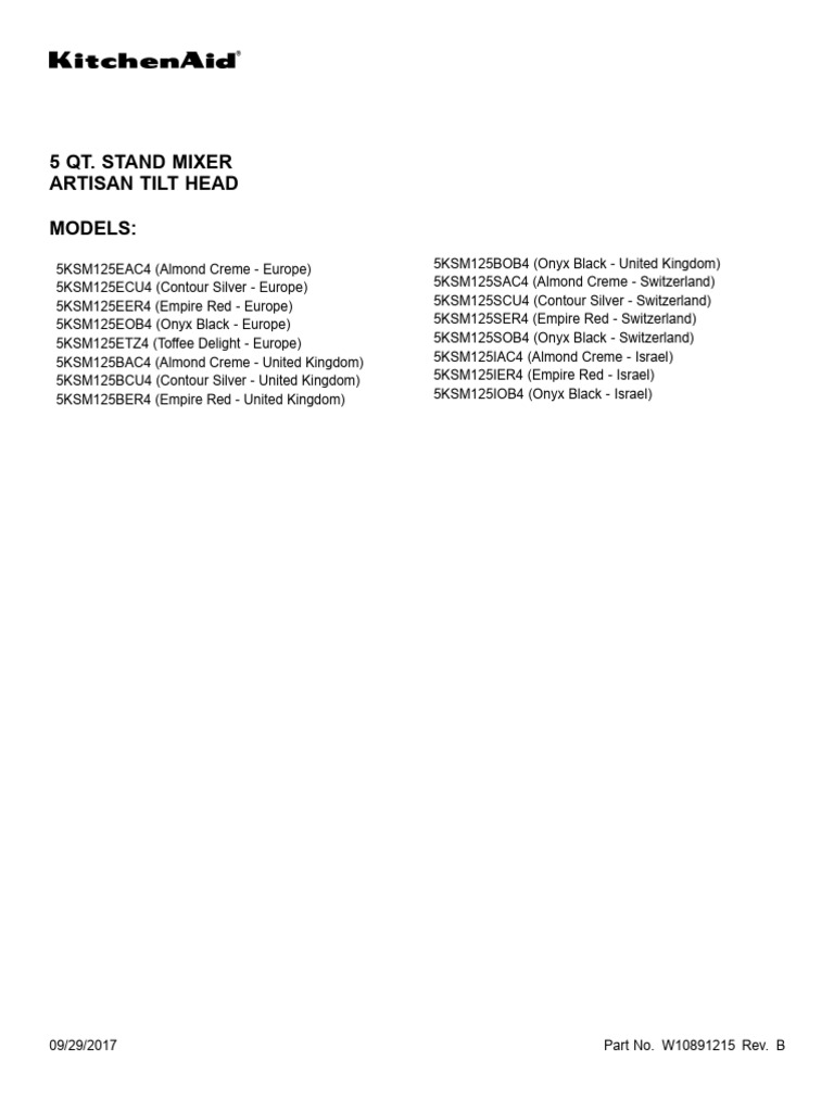 Kitchenaid-Repair Part List - W10891215 - Rev B | PDF | Gear | Screw