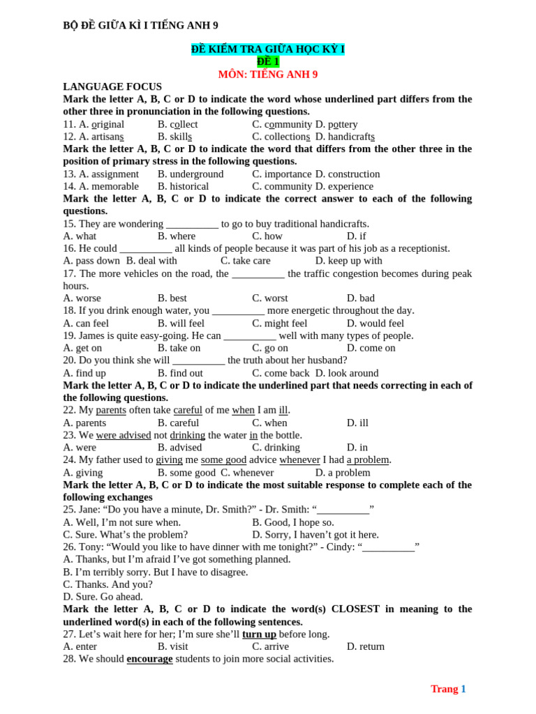 De Kiem Tra Giua HK1 Anh 9 Global de 1 | PDF | Healthy Diet | Sleep