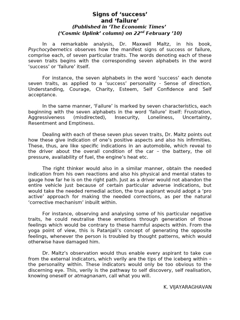 Signs of 'Success' and 'Failure' | PDF | Self Esteem | Behavioural Sciences