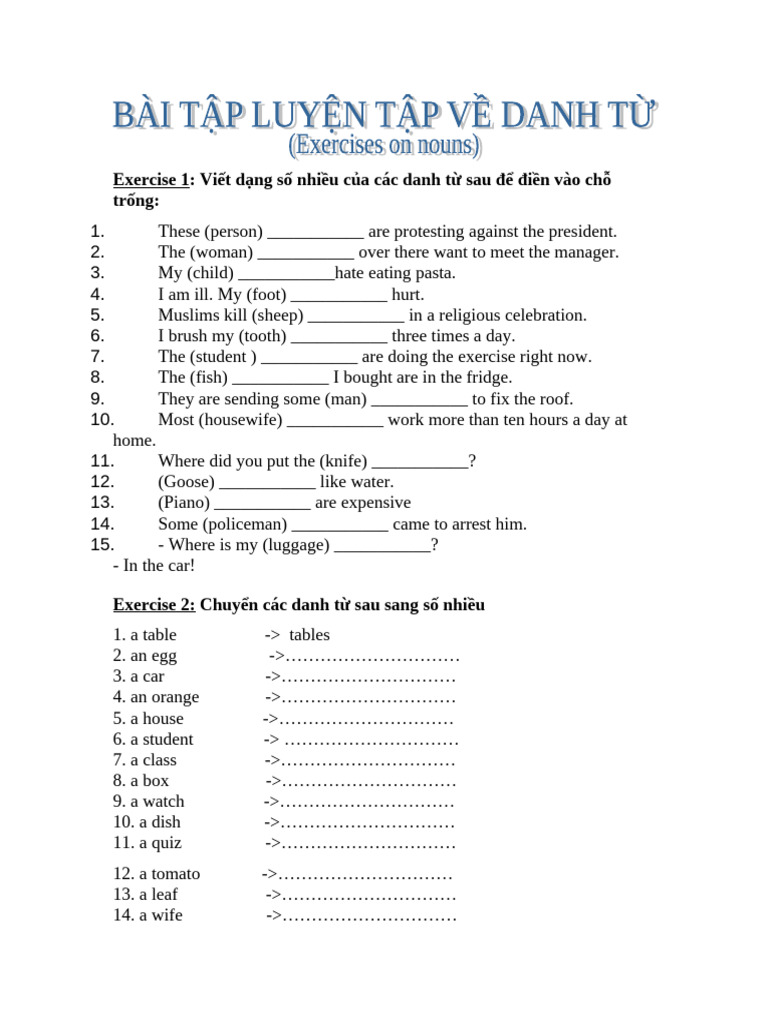 BAI TAP LUYEN TAP VE DANH TU Exercises On Nouns CUC HAY CO DAP AN | PDF | Language Arts ...