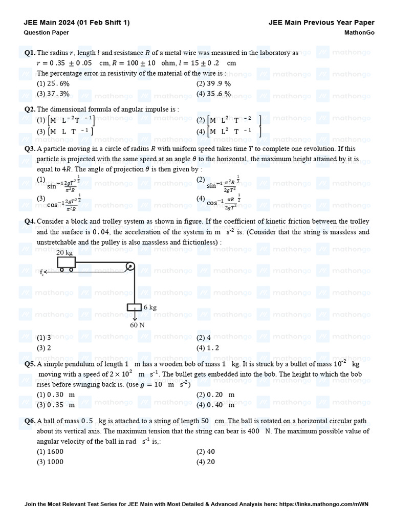 JEE Main 2024 Physics Question Paper | PDF | Diffraction | Tension ...