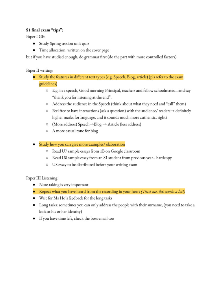 23-24 S1 Final Exam "Tips" | PDF