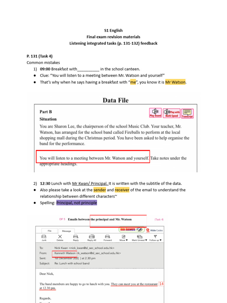 S1 Listening Feedback (Integrated Tasks) P. 131-132 | PDF | Language Arts & Discipline